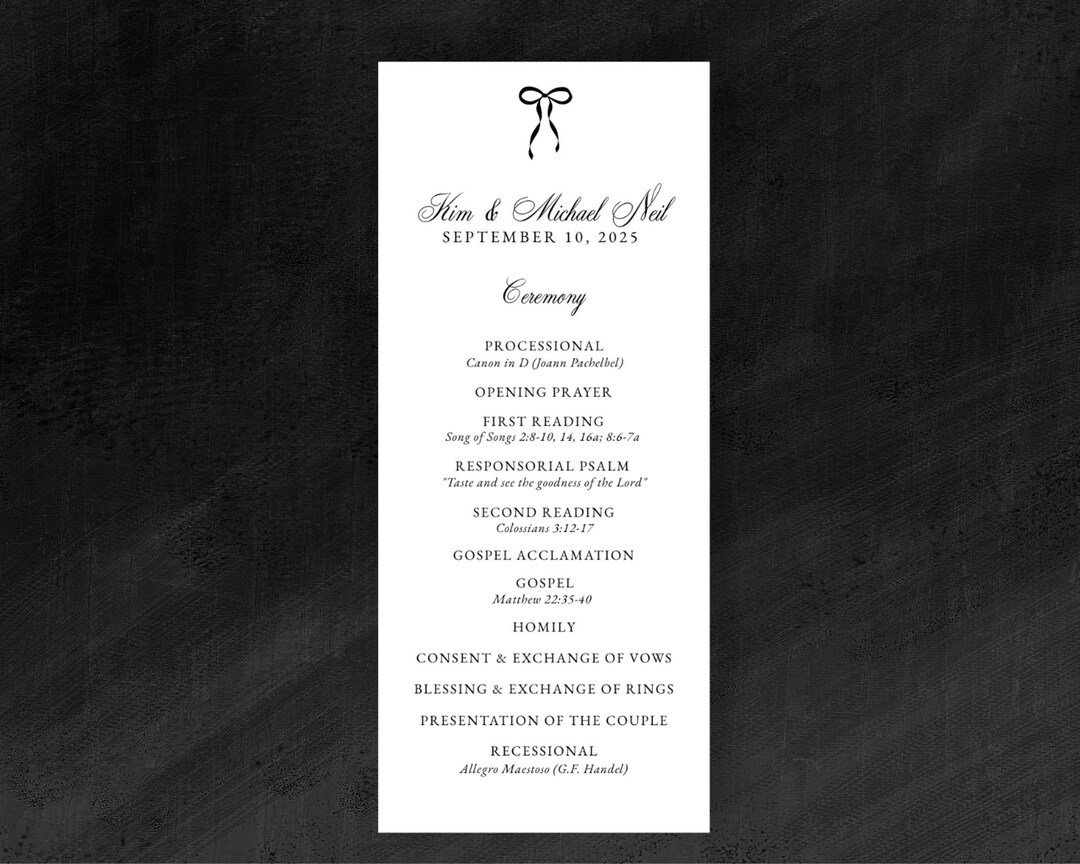 Elegant Black Bow Wedding Program Template for Catholic Mass Ceremony ...