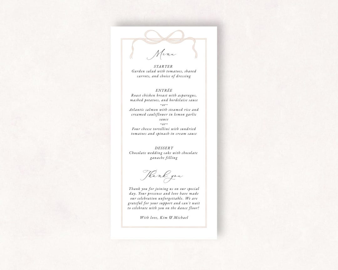 Wedding Reception Menu Template | Champagne Bow | Customizable ...