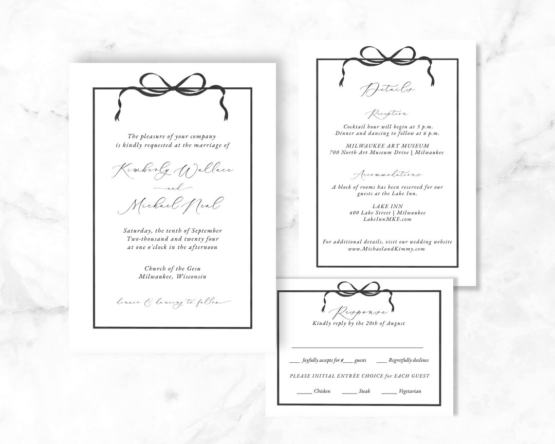 Black Bow Wedding Invitation Suite Template | Printable, Customizable ...