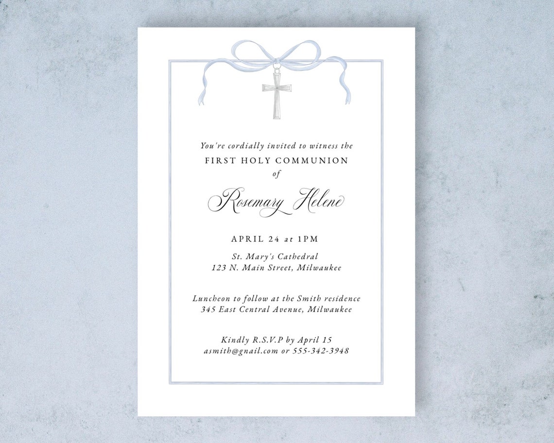 Blue Bow First Communion Invitation Template | DIY Printable Instant ...