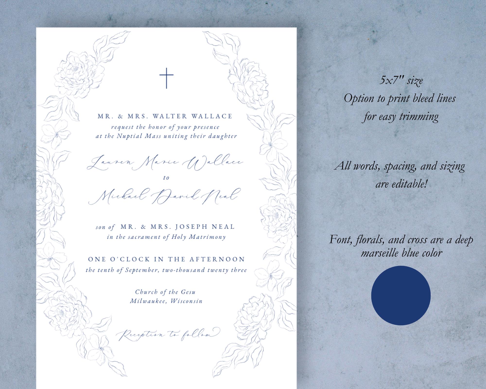Floral Catholic Wedding Invitation Template for Nuptial Mass ...