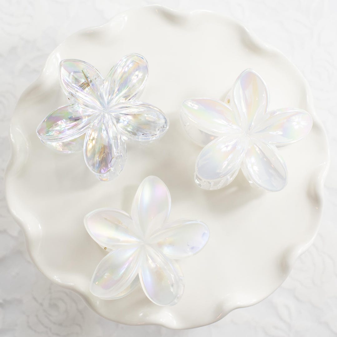 Set of 3 Tropical Hibiscus Clear Frosted Matte White Color Hair Claw ...