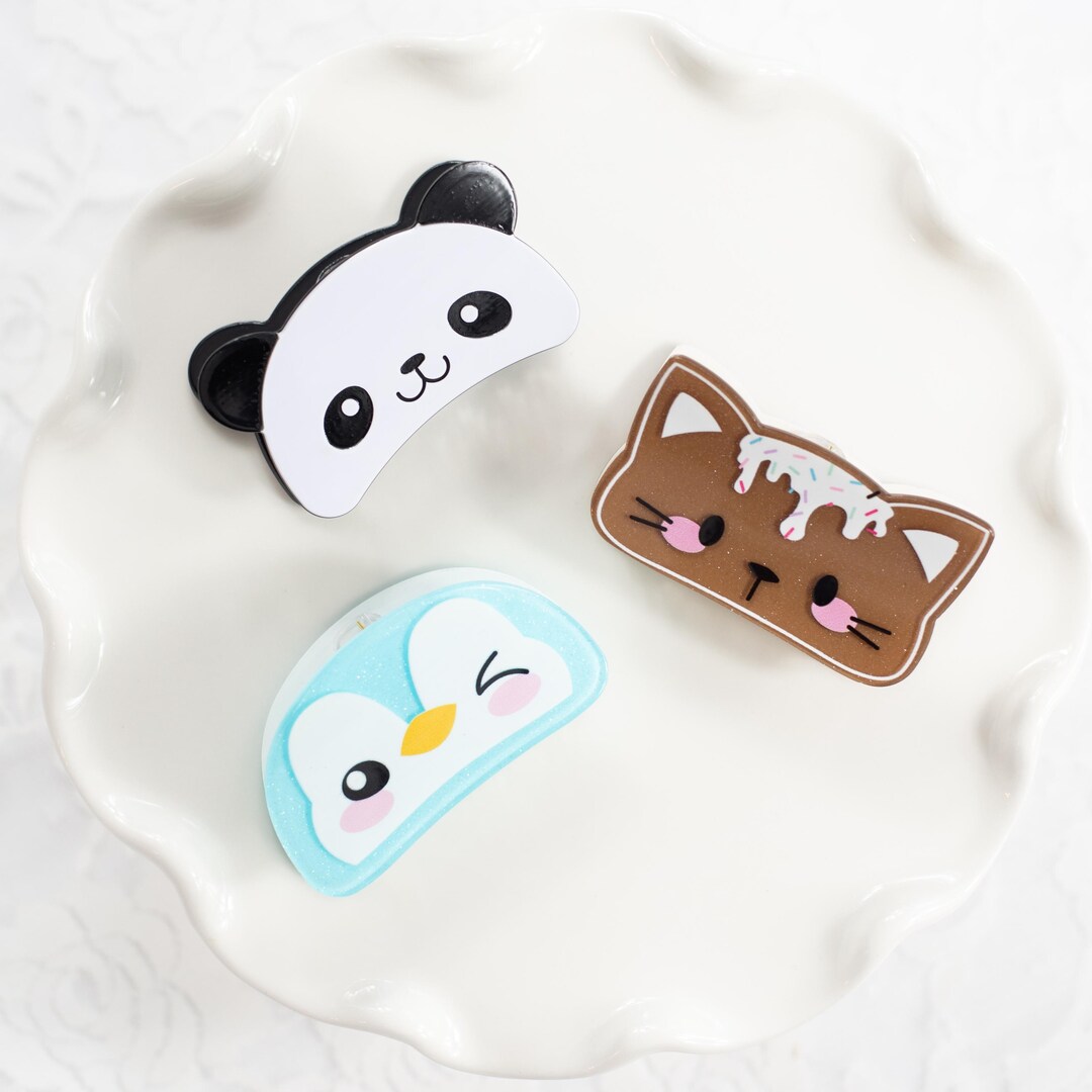 Girly Panda, Kitty Cat & Penguin Hair Claw Clips - Cute Animal Hair ...