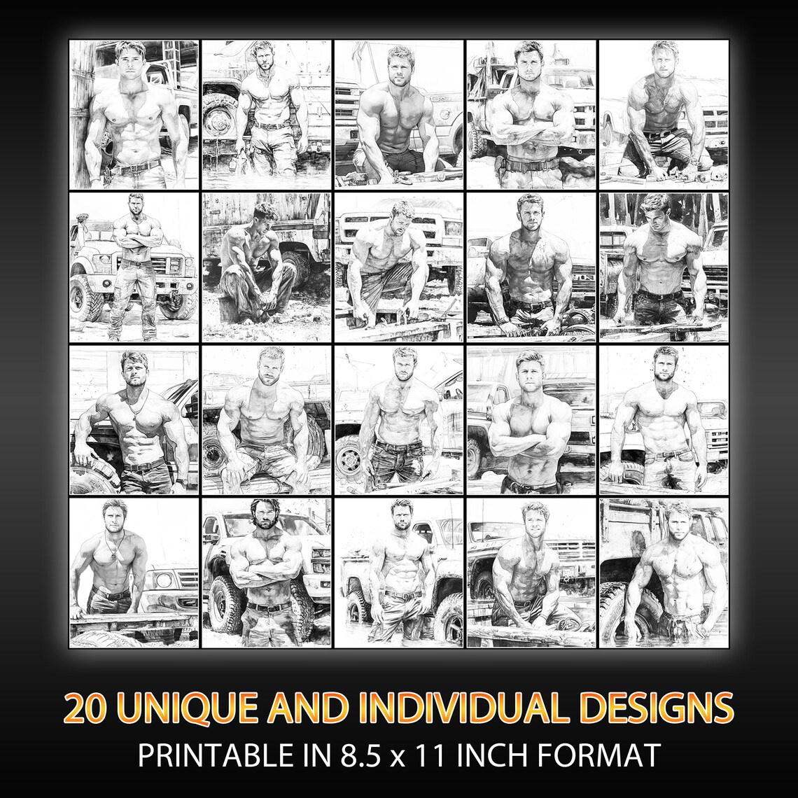 Shirtless Caucasian Men Adult Coloring Book | Men Muscle Art | Instant ...