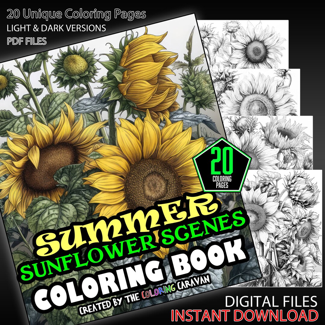 Summer Sunflower Scenes Coloring Pages | Instant Download | Coloring ...