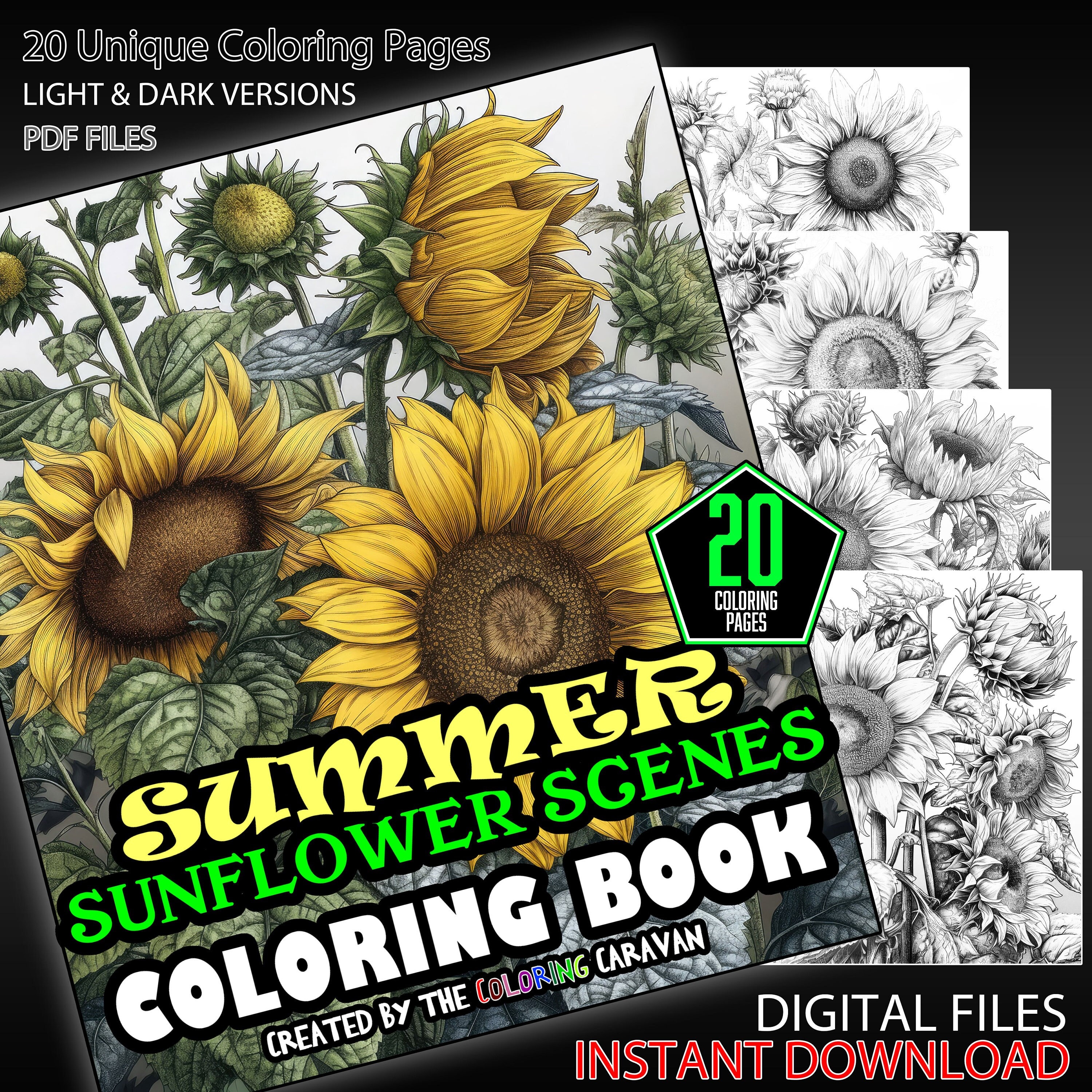 Summer Sunflower Scenes Coloring Pages | Instant Download | Coloring ...