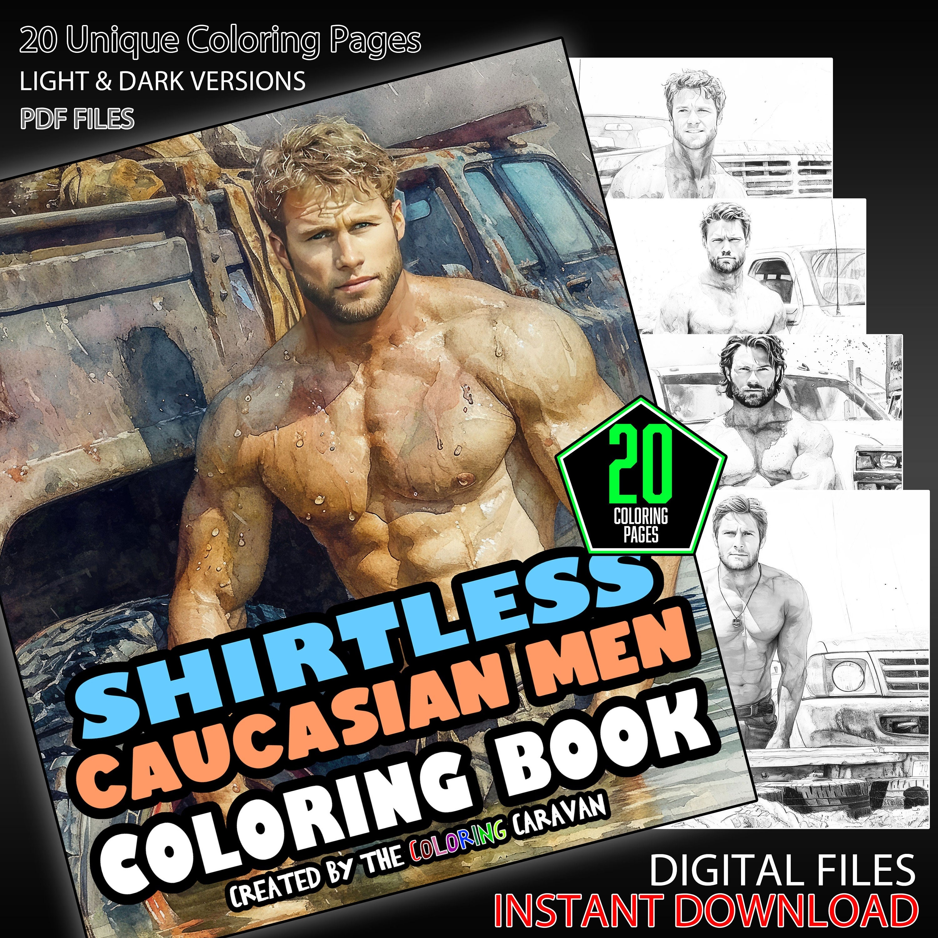 Shirtless Caucasian Men Adult Coloring Book | Men Muscle Art | Instant ...
