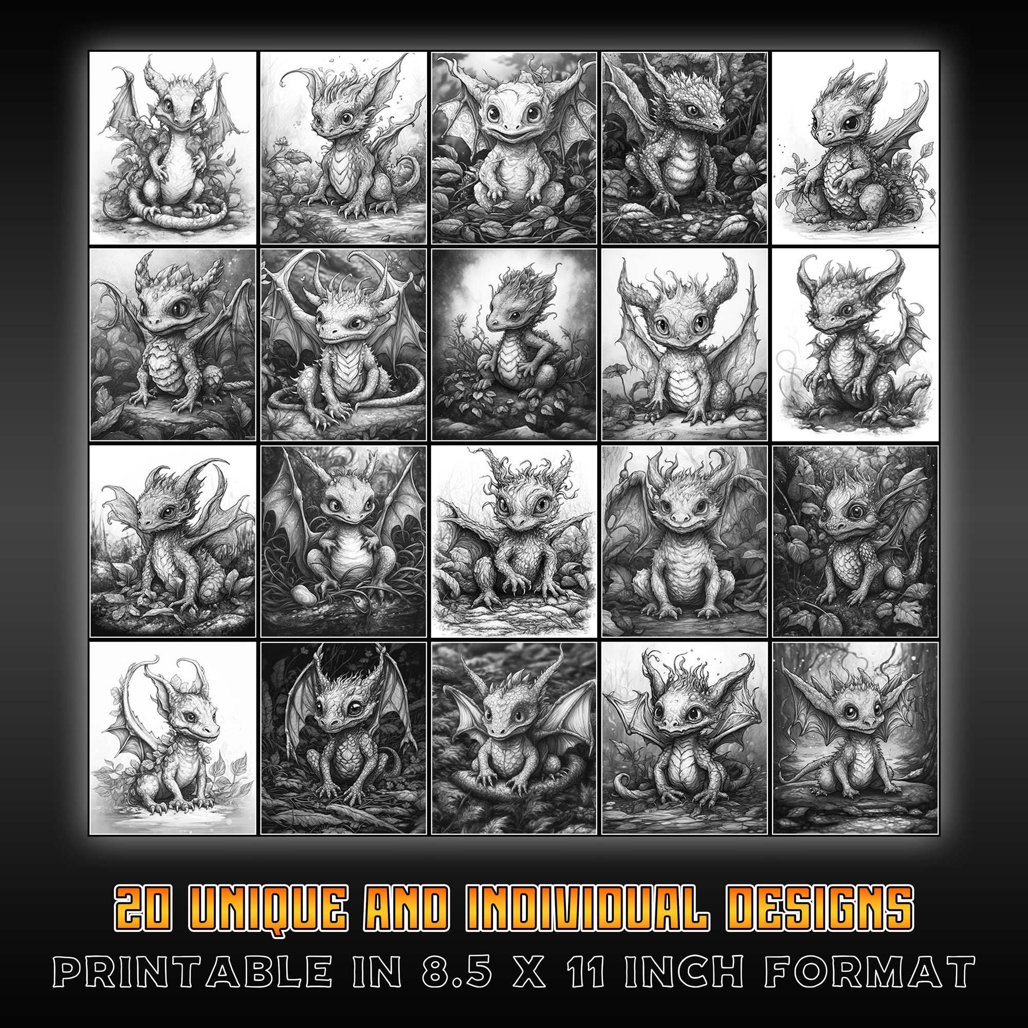 Adorable Baby Dragons Coloring Pages Dark & Light Versions - Etsy