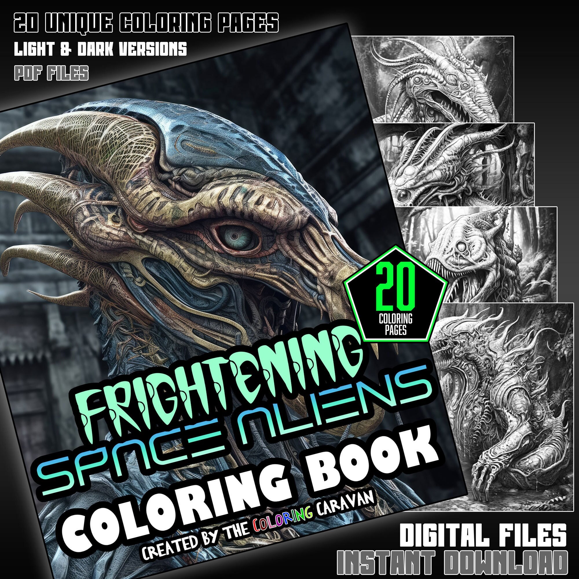Frightening Space Aliens Coloring Pages Dark & Light Versions Greyscale ...
