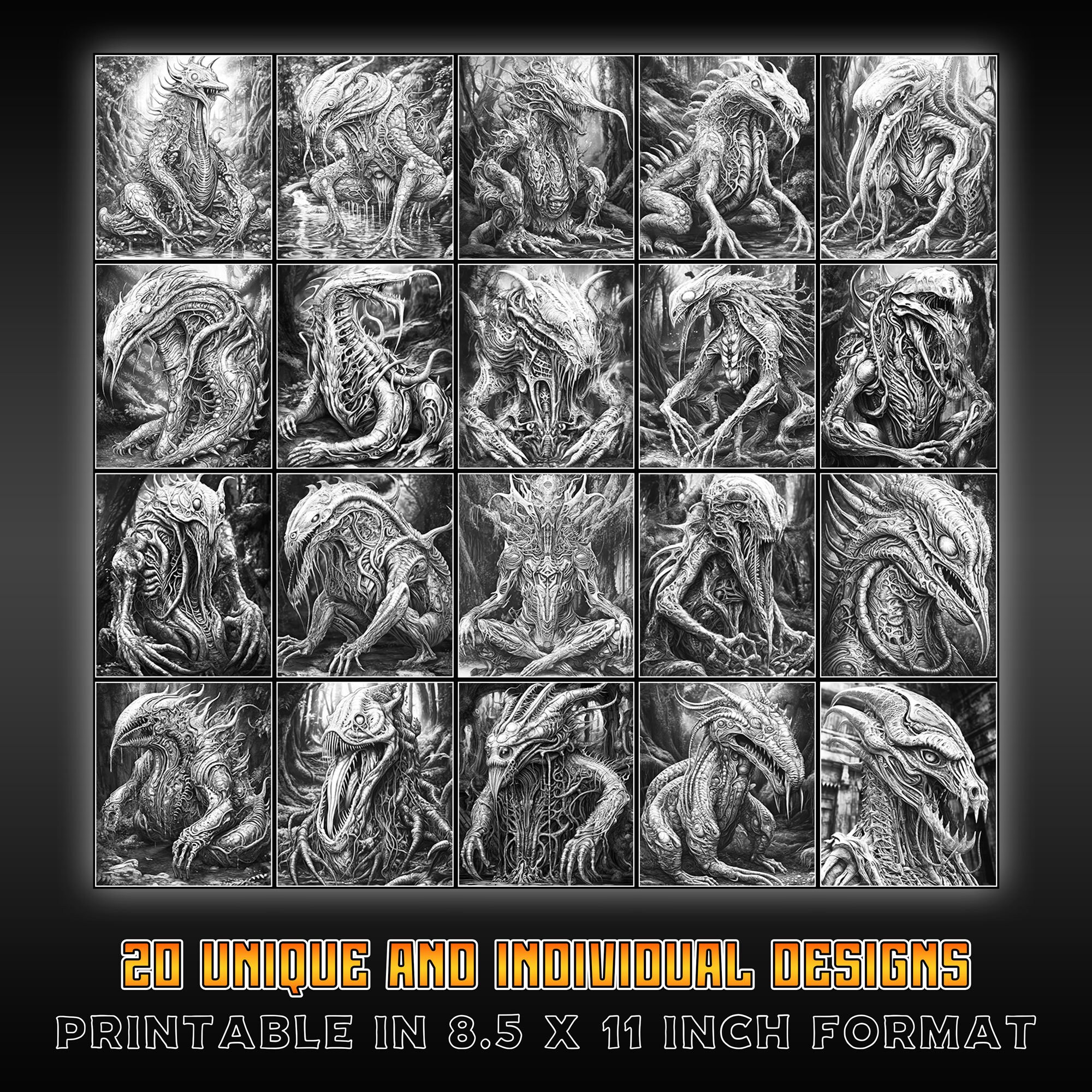 Frightening Space Aliens Coloring Pages Dark & Light Versions Greyscale ...