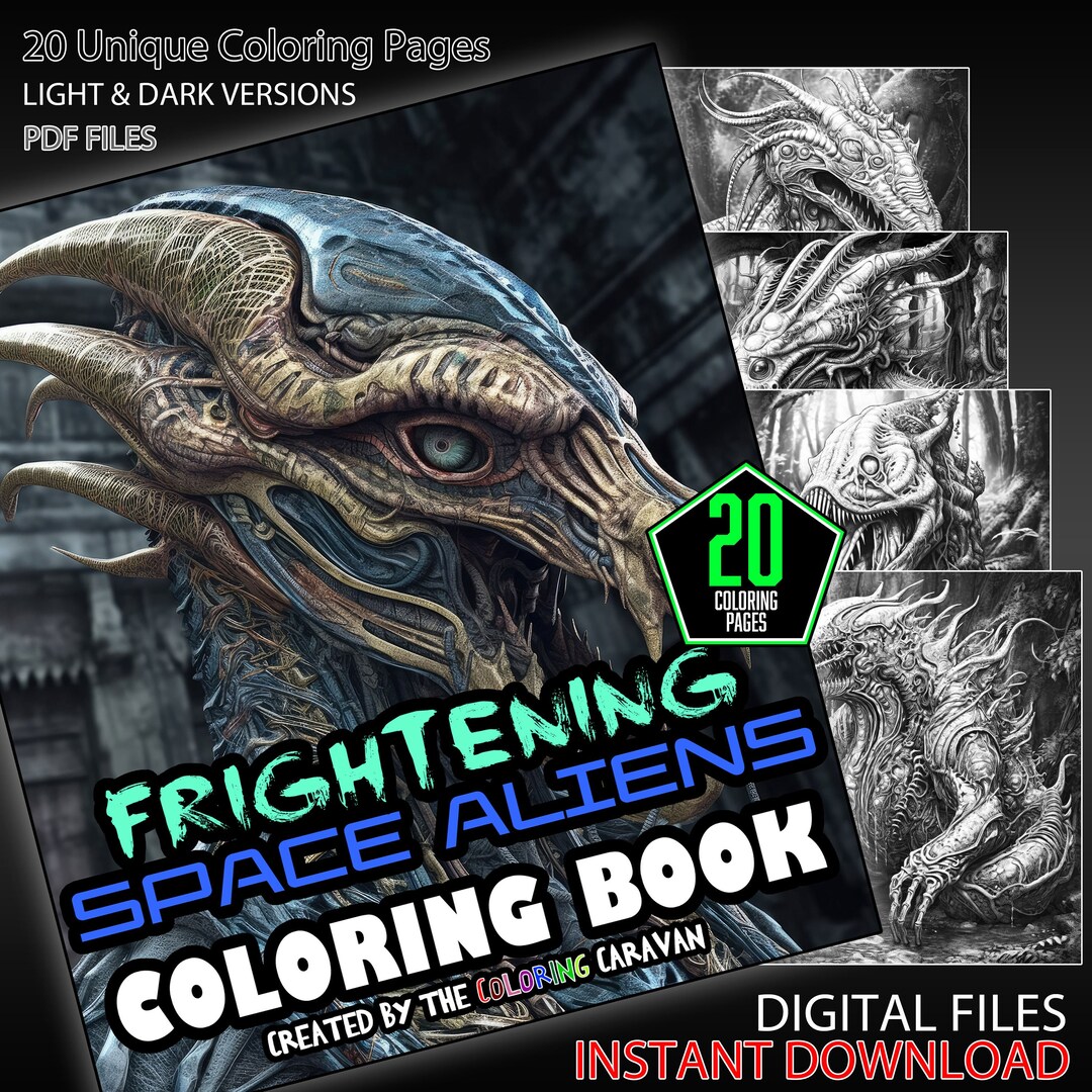 Frightening Space Aliens Coloring Pages | Instant Download | Coloring ...