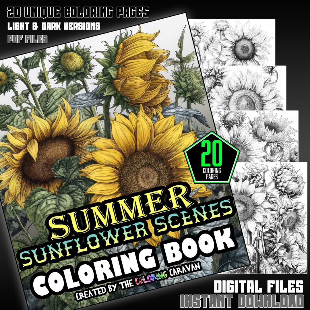 Summer Sunflower Scenes Coloring Pages Dark & Light Versions Greyscale ...