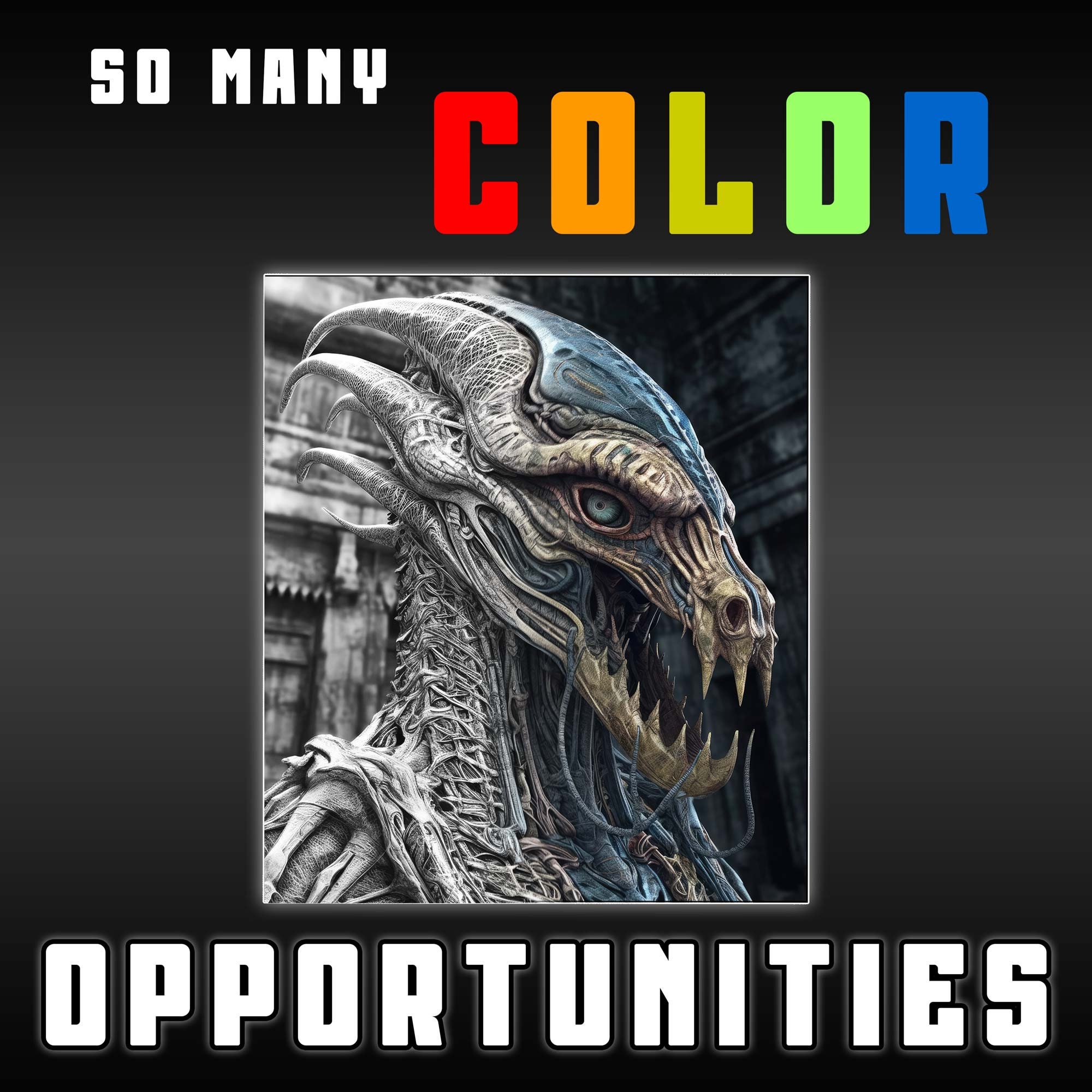 Frightening Space Aliens Coloring Pages Dark & Light Versions Greyscale ...