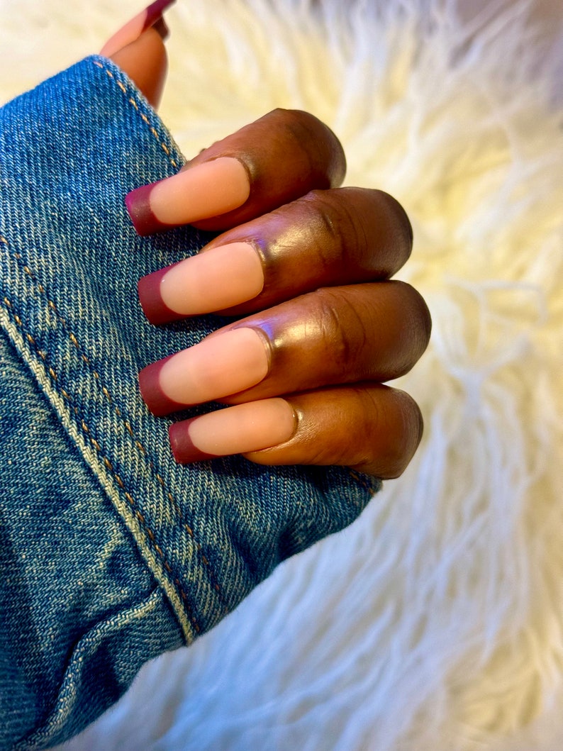 French Tip Press on Nails Square False Nails Stick on matte Maroon Fall ...