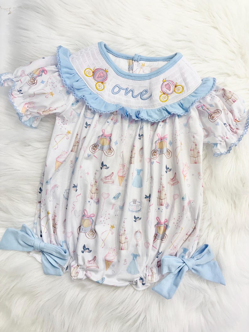 Princess 1st Birthday Smocked Romper: One-ce Upon a Time Blue Ruffles ...