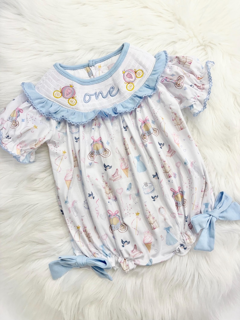 Princess 1st Birthday Smocked Romper: One-ce Upon a Time Blue Ruffles ...