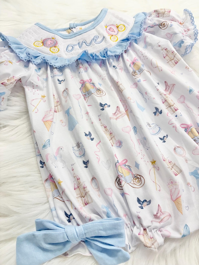 Princess 1st Birthday Smocked Romper: One-ce Upon a Time Blue Ruffles ...