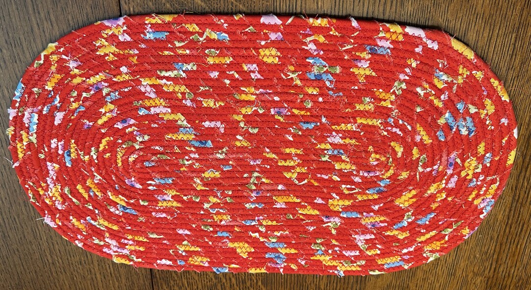 Red Coiled Oval Mat, Fabric Covered Coiled Clothesline, Counter ...