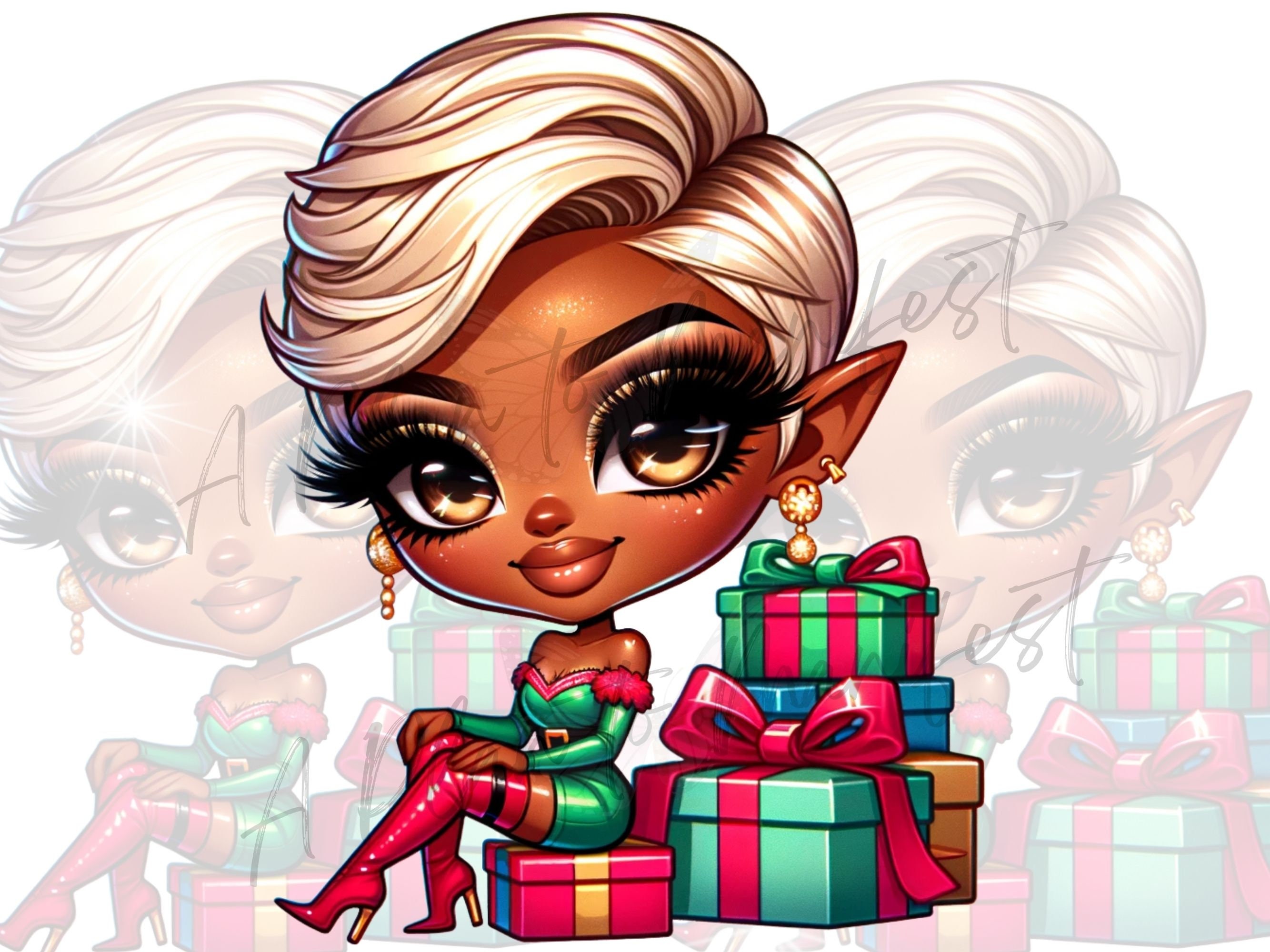 Black Chibi Christmas Elves Girl Elve Clipart Xmas Chibi PNG for Xmas ...