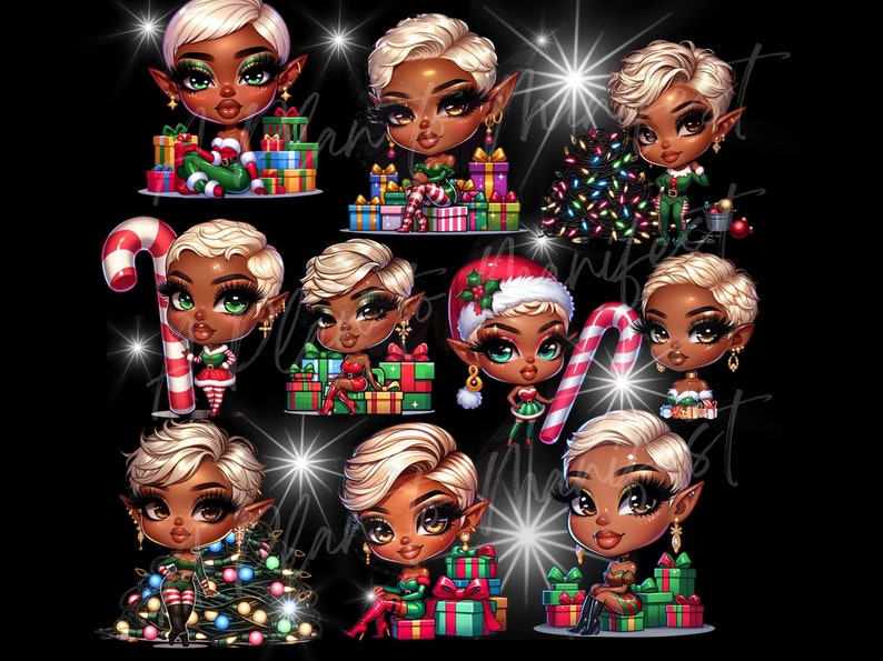Black Chibi Christmas Elves Girl Elve Clipart Xmas Chibi PNG for Xmas ...