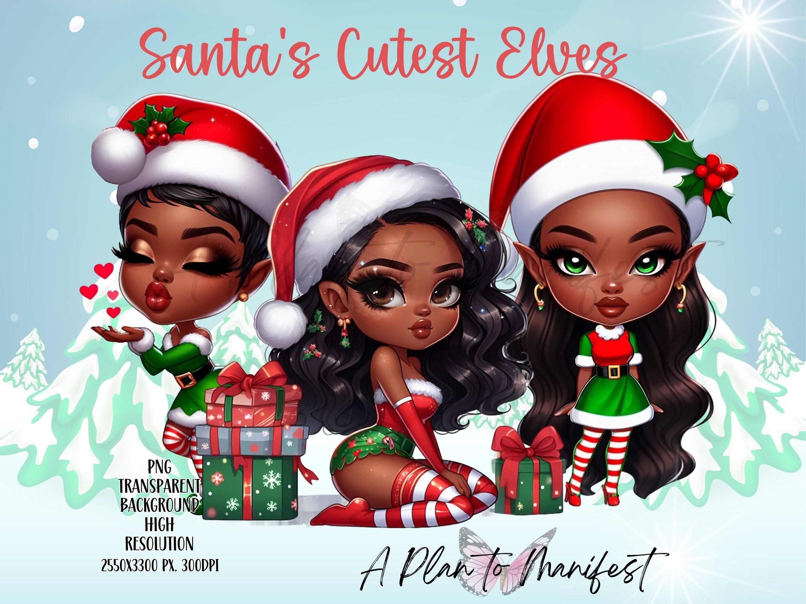 Black Chibi Christmas Elves Girl Elves Clipart Xmas Chibi PNG for ...