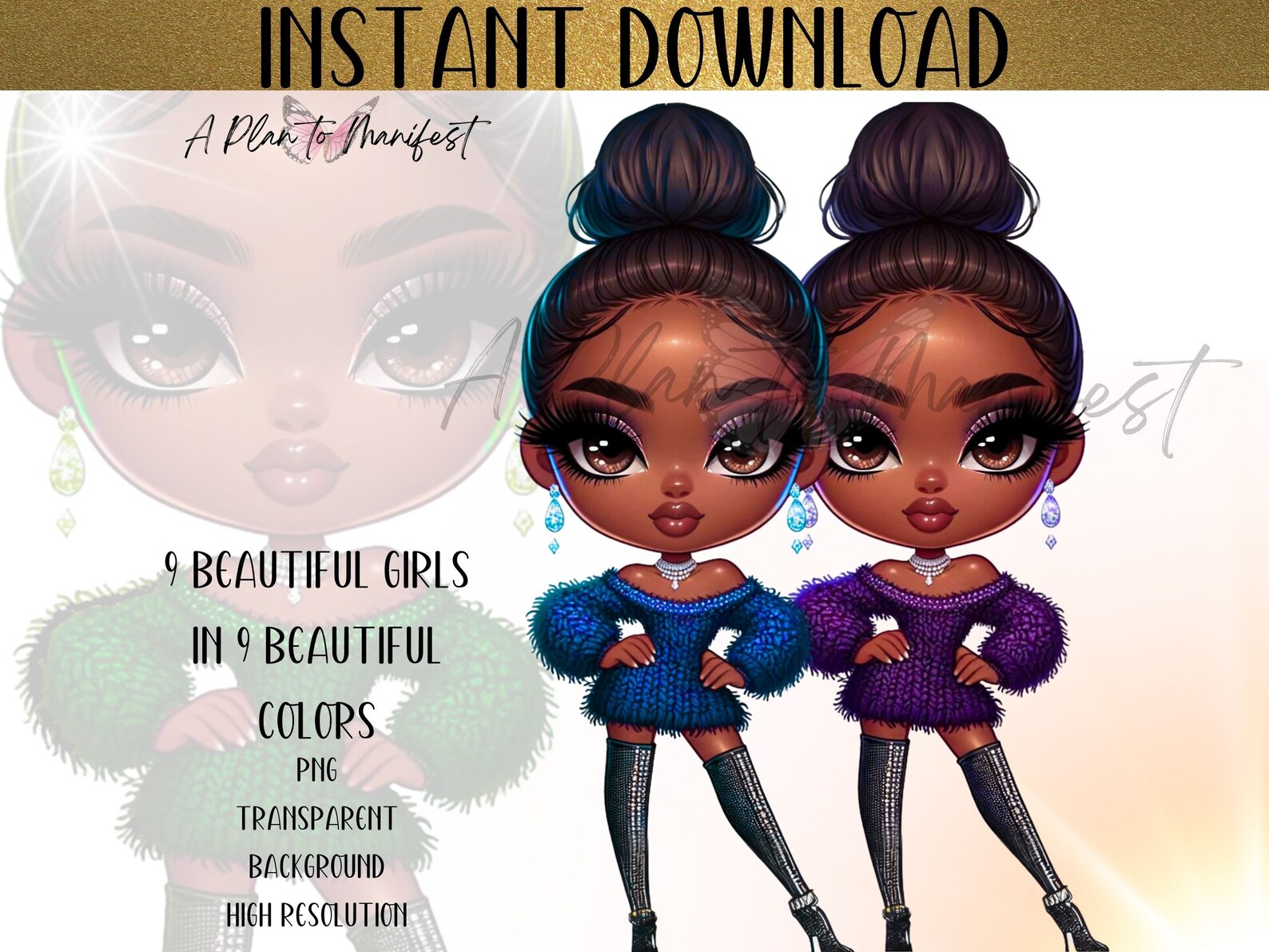African American Chibi Doll Clipart Chibi Digital Stickers Melanin ...
