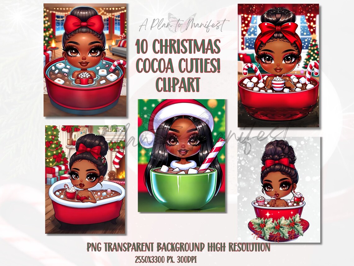 Hot Cocoa Mug Chibi Doll Clipart Chibi Chrismas PNG African American ...