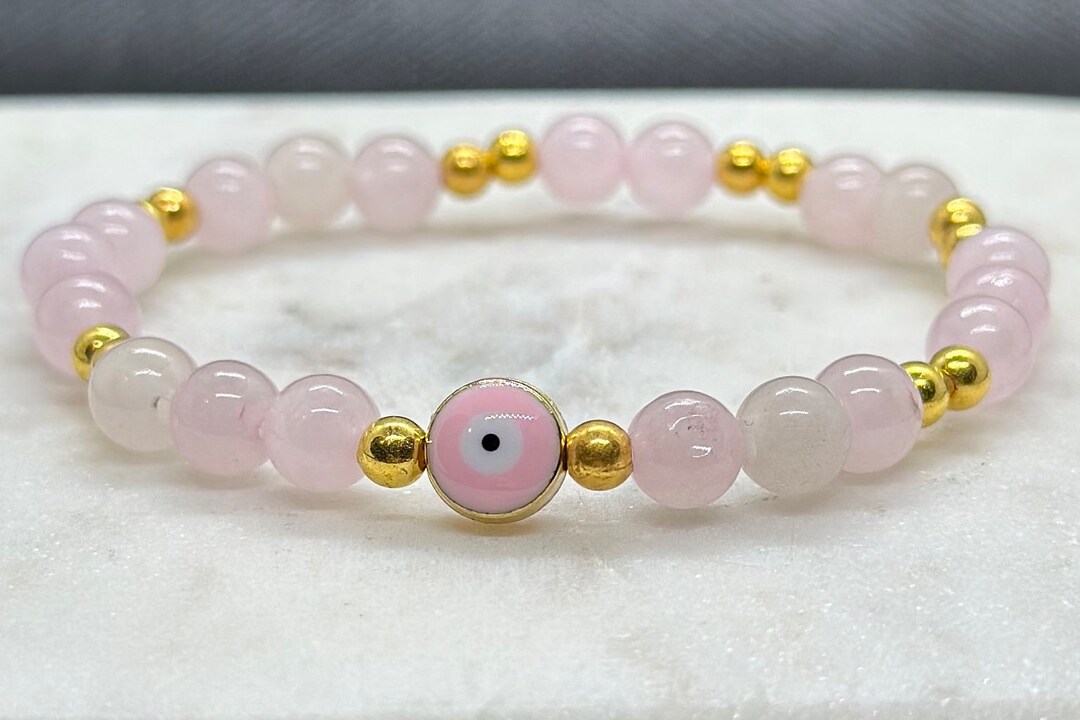 Evil Eye Healing Crystal Bracelet - Rose Quartz - Natural Gemstones ...