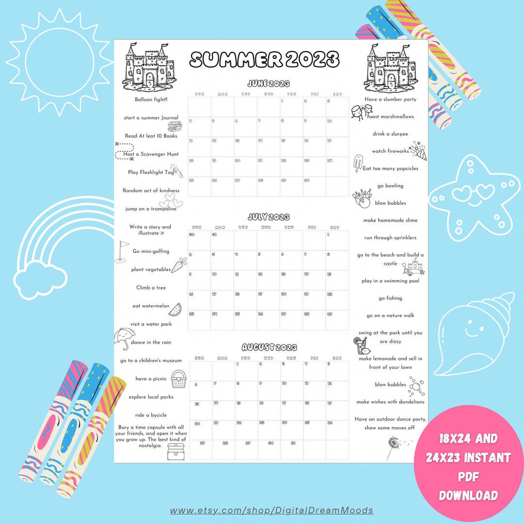 Summer Poster Summer Activities Calendar 2023 Summer - Etsy