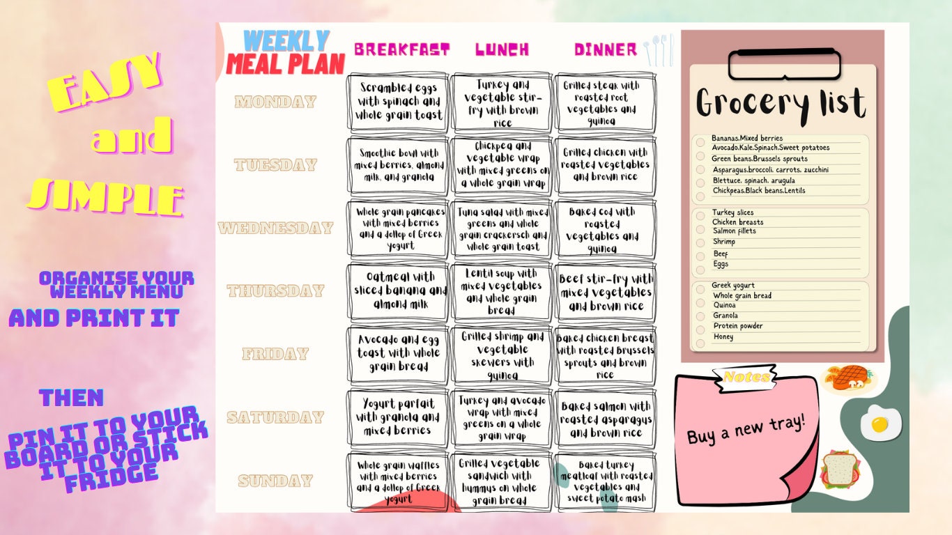 Printable Weekly Meal Planner, 7 Day Menu Plan With Grocery List, Meal ...