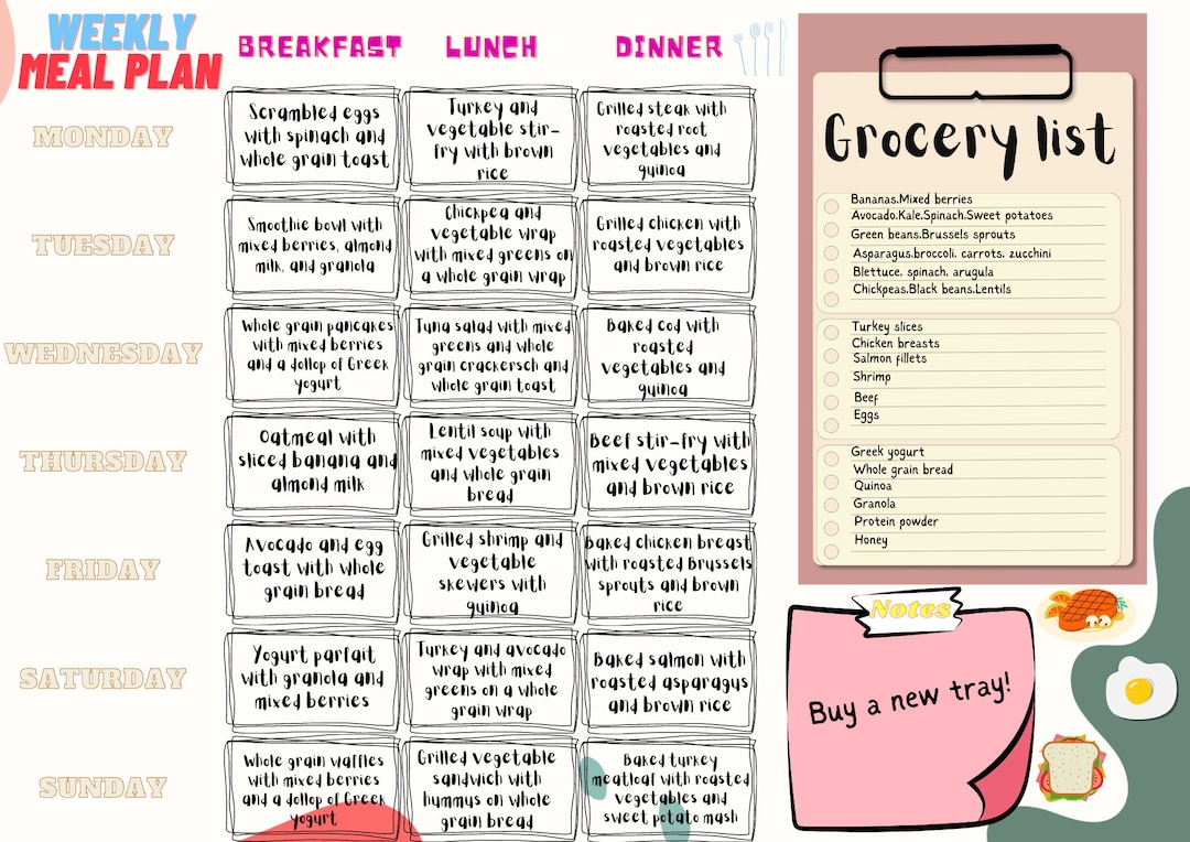 Printable Weekly Meal Planner, 7 Day Menu Plan With Grocery List, Meal ...