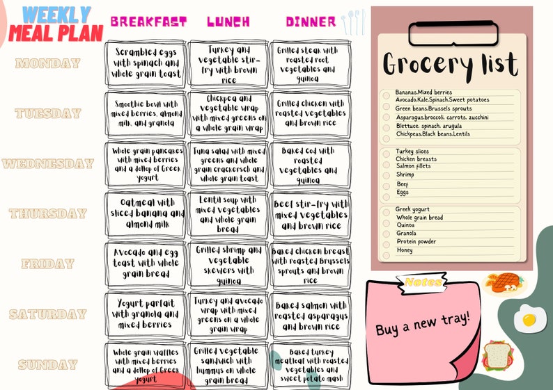Printable Weekly Meal Planner, 7 Day Menu Plan With Grocery List, Meal ...