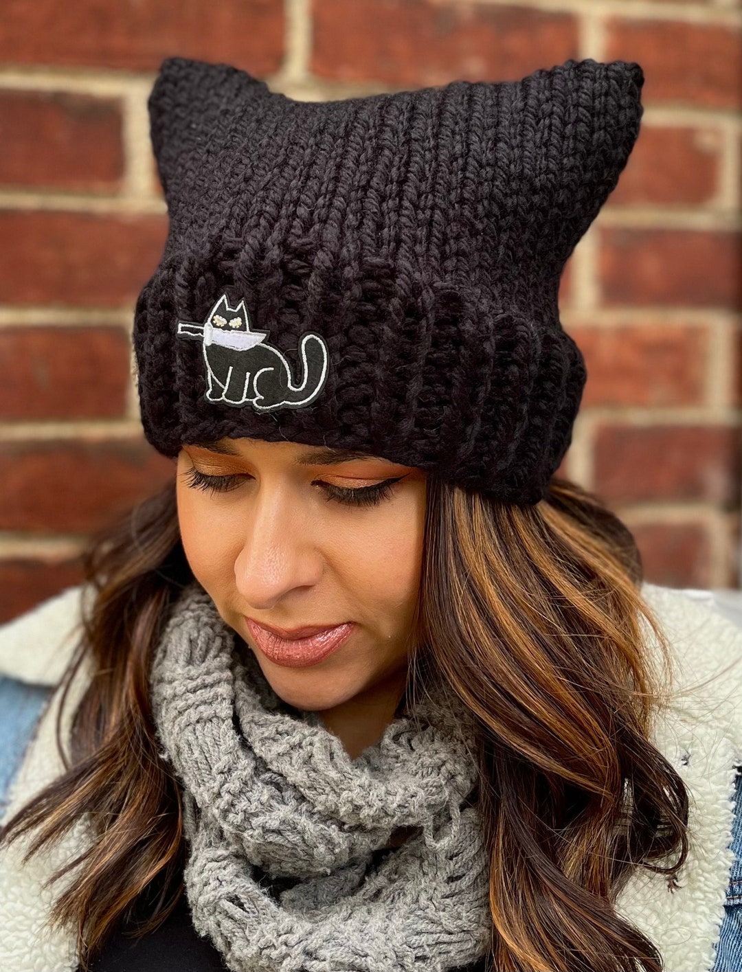 Handmade Custom Cat Ears Cat Knife Killer Cat Knit Hat Halloween Beanie ...