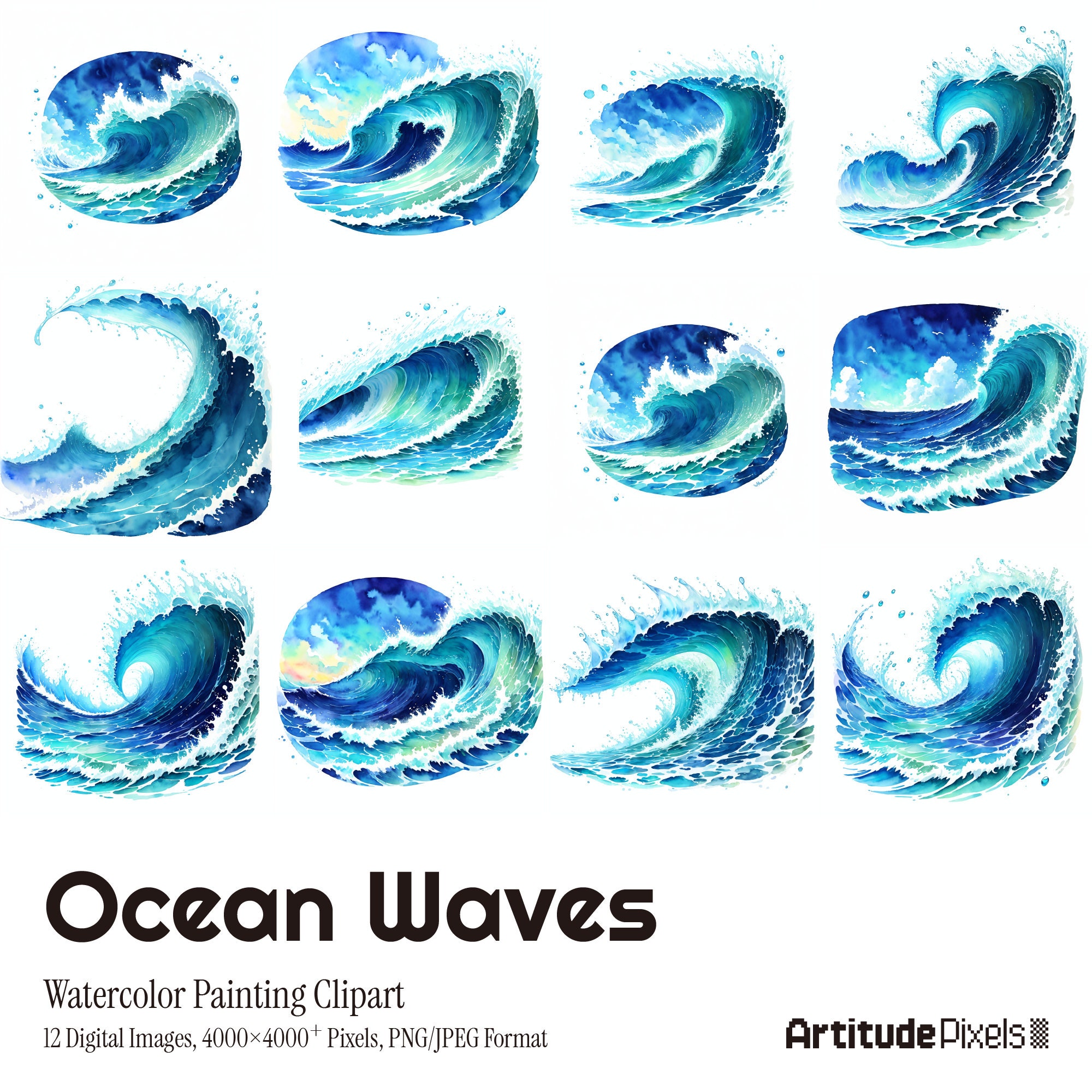 Ocean Waves Clipart 12 High-quality Watercolor Jpgs, Premade for ...