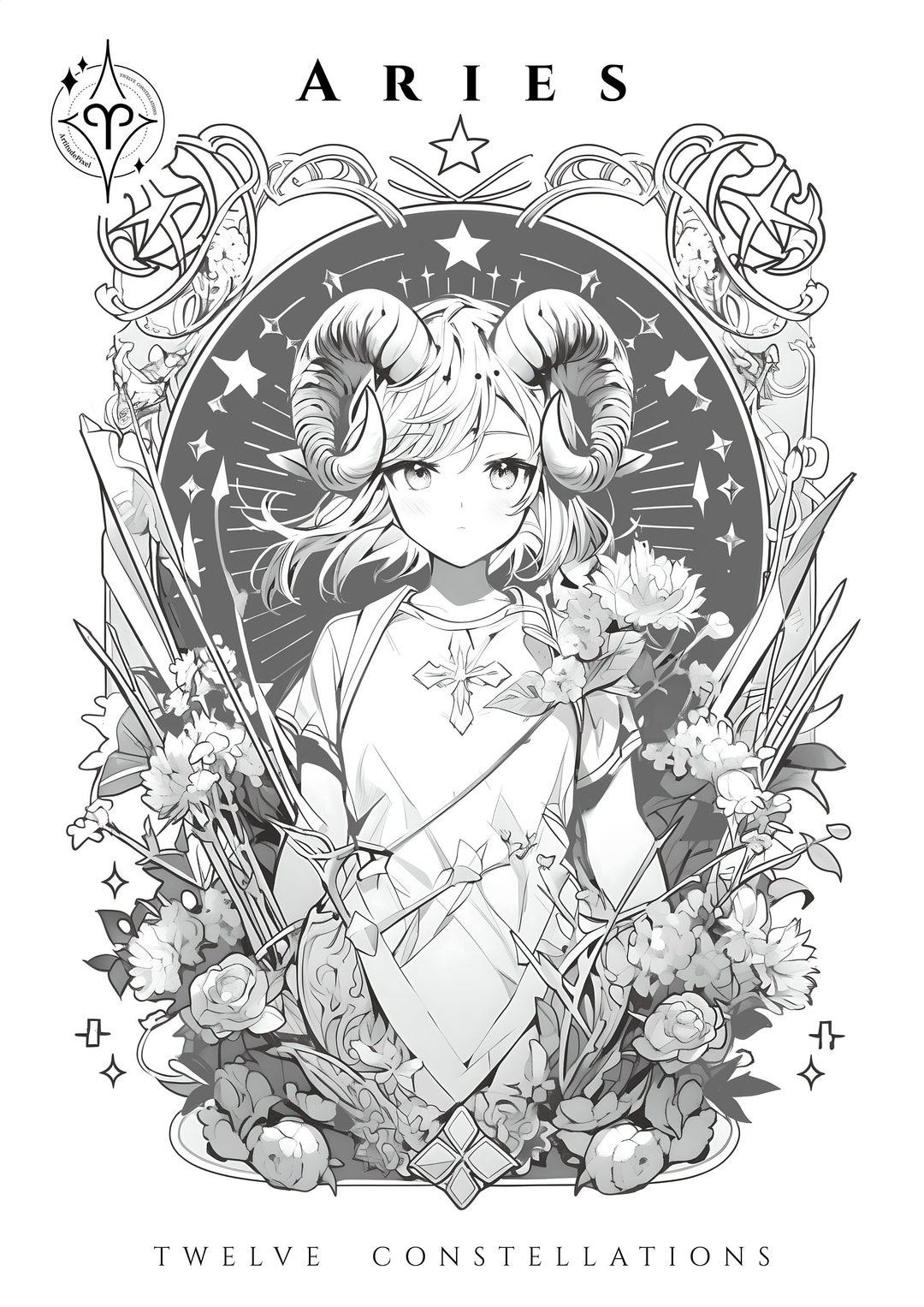 Digital Coloring Page, Anime-inspired Aries, High Resolution, Suitable ...