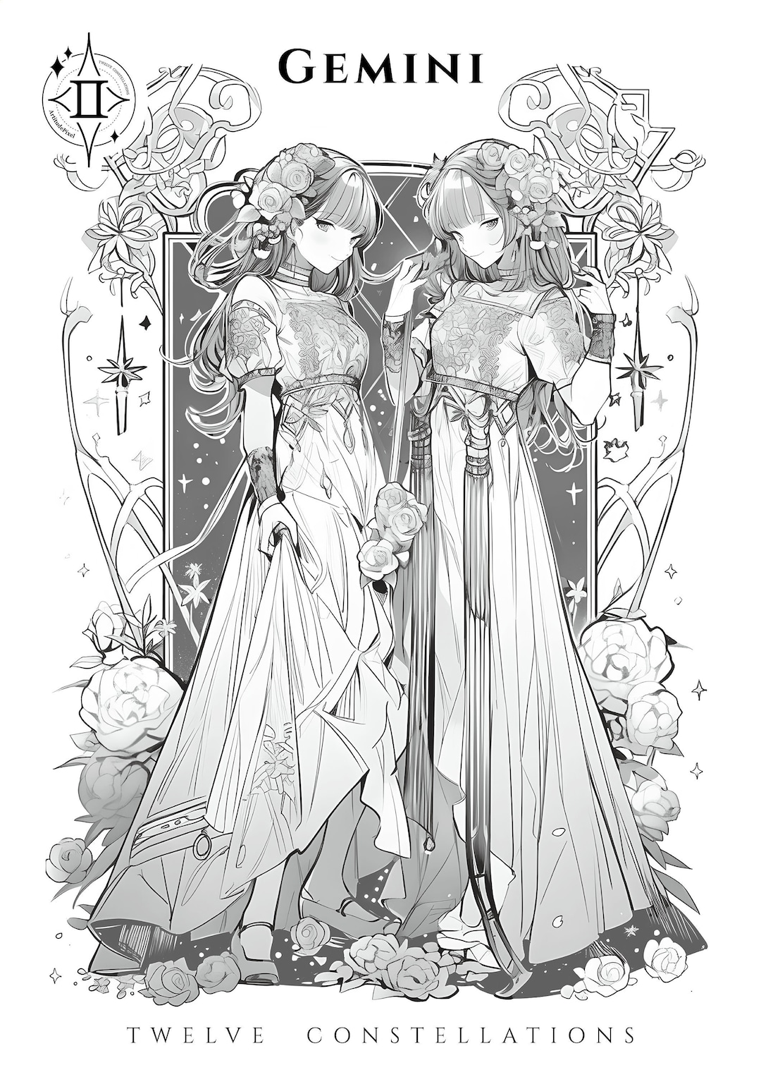 Digital Coloring Page, Anime-inspired Gemini, High Resolution, Suitable ...