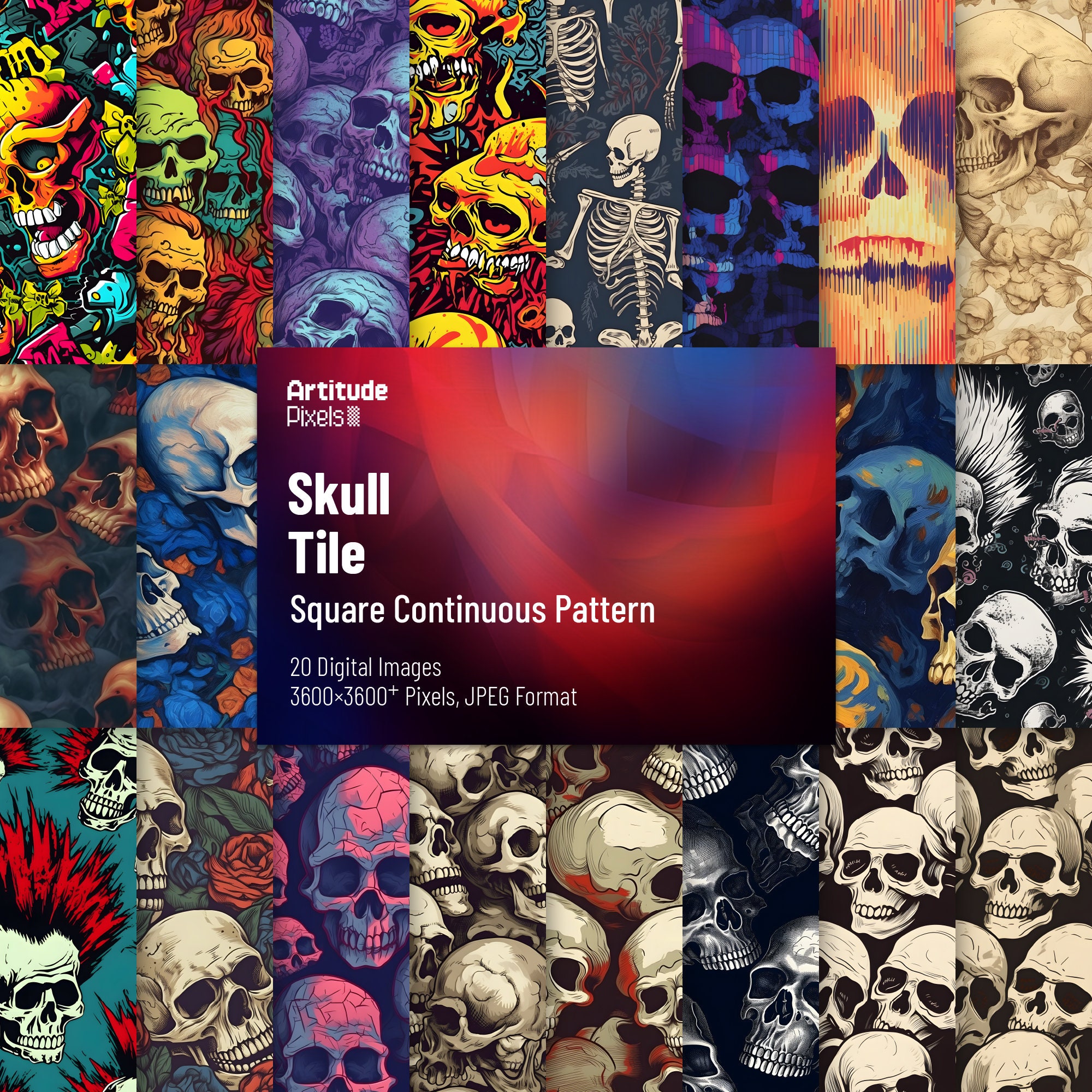 Skull Tile, Digital Tile Paper, Wall Paper, Twenty Pngs Set, Digital ...