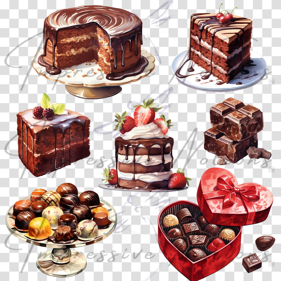 Chocolate Desserts Watercolor Clip Art Elements, Transparent Digital ...