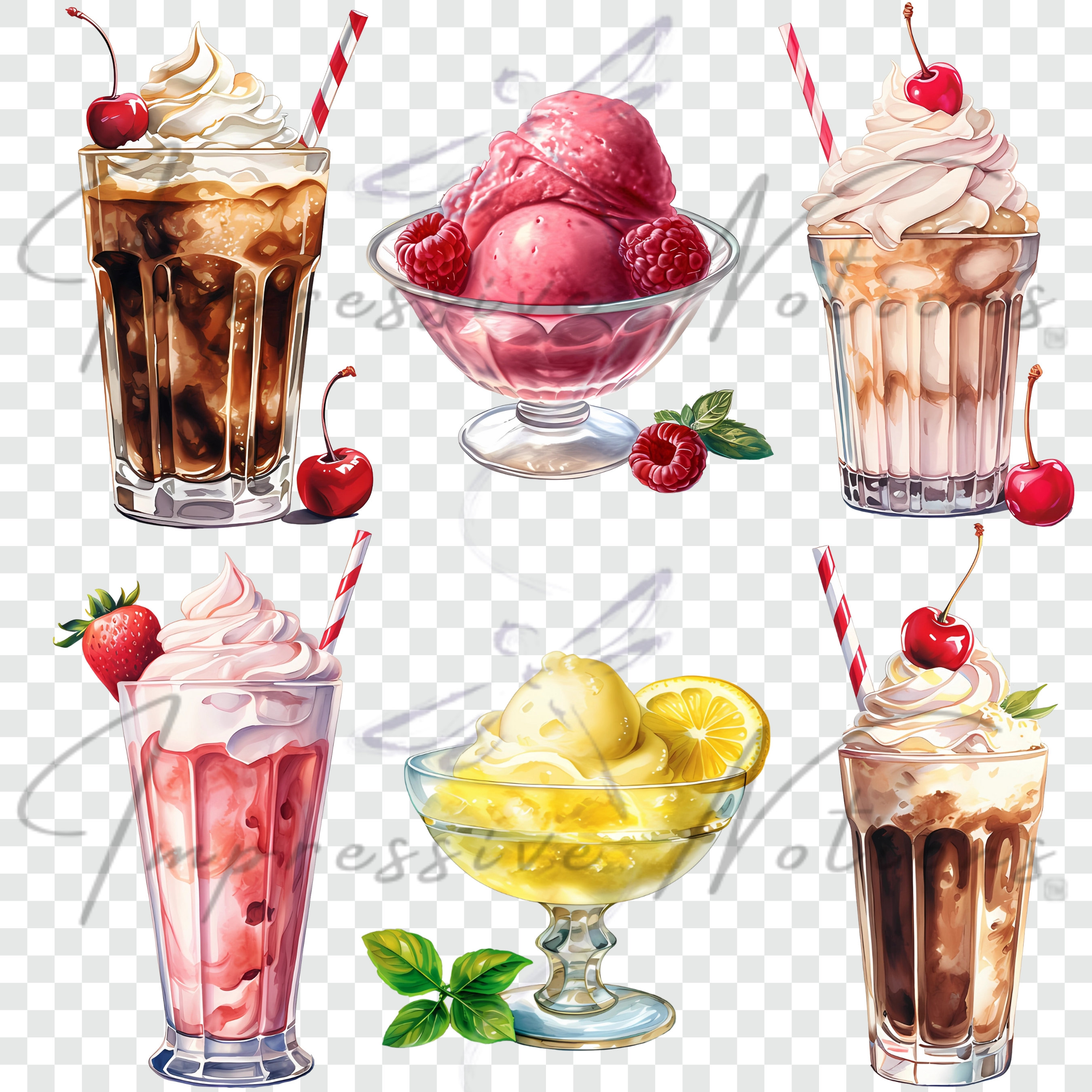 Ice Cream Social Watercolor Clip Art Elements, Transparent Digital PNG ...