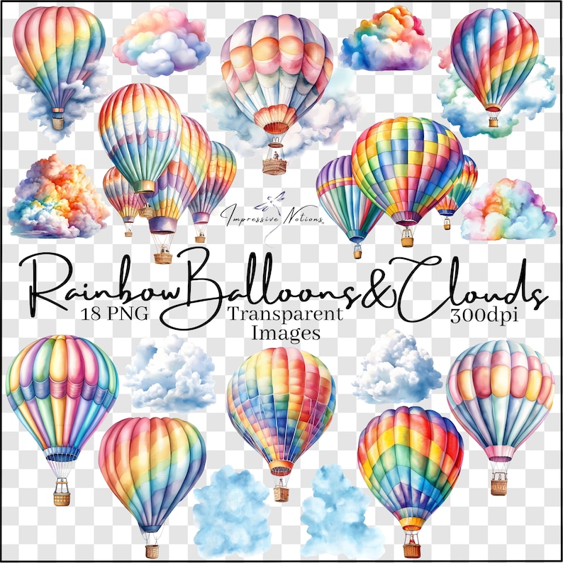 Rainbow Hot Air Balloon & Clouds Watercolor Clip Art Elements ...