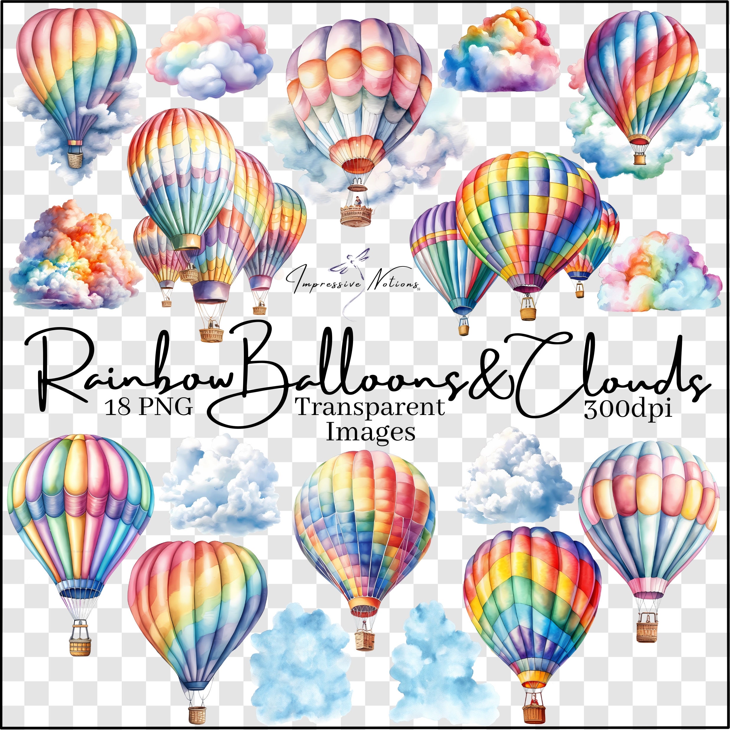 Rainbow Hot Air Balloon & Clouds Watercolor Clip Art Elements ...