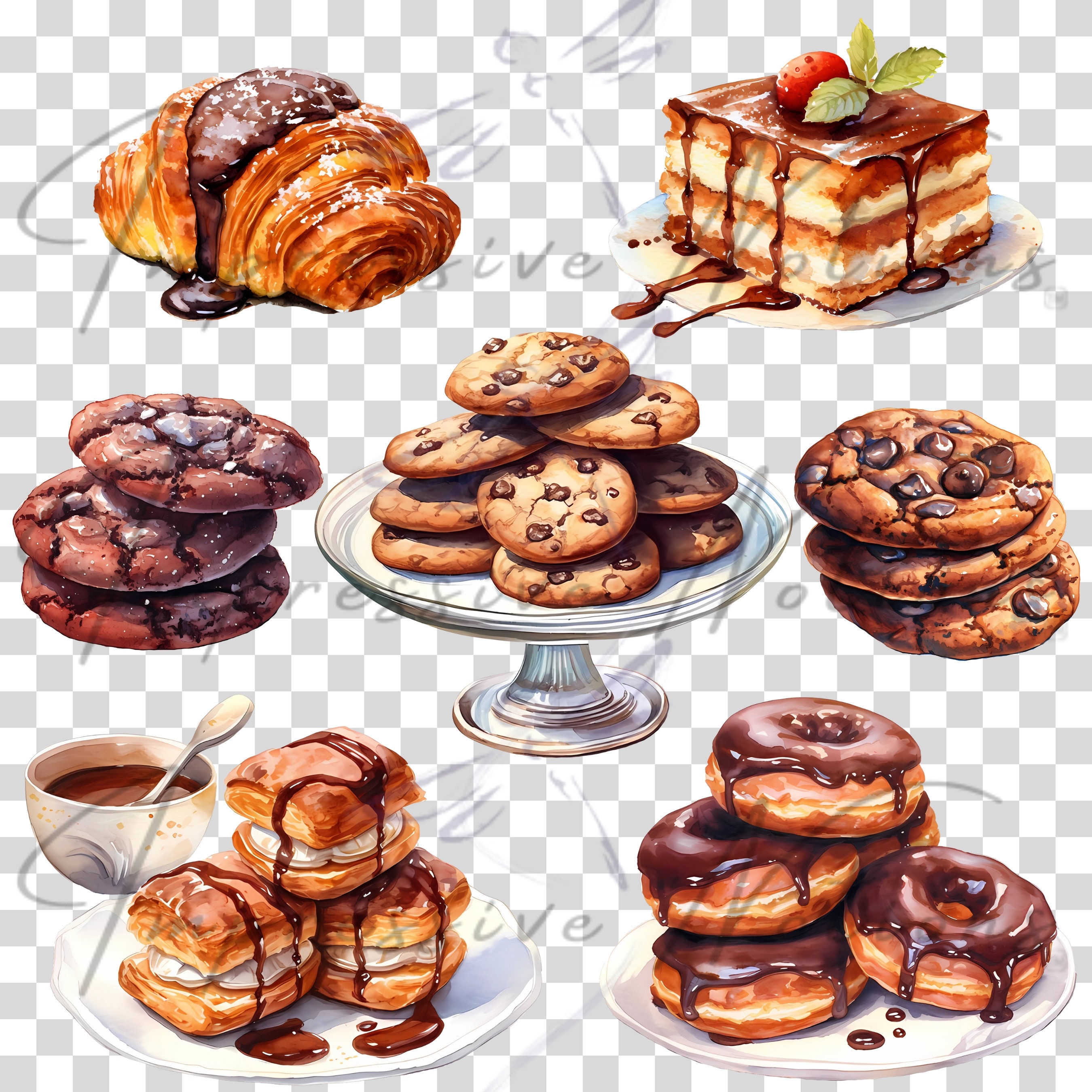 Chocolate Desserts Watercolor Clip Art Elements, Transparent Digital ...