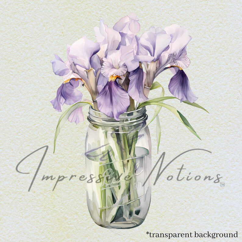 Watercolor Irises in Mason Jar Clipart, Transparent Digital PNG, Floral ...