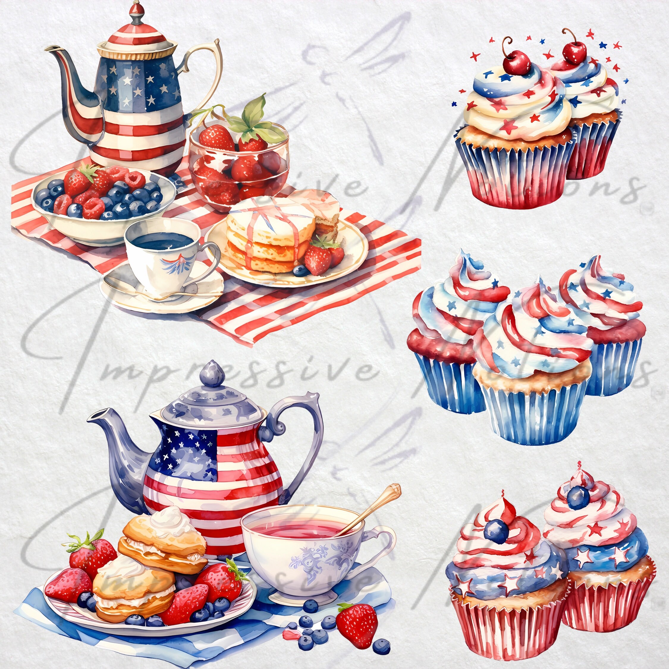 4th of July Dessert Watercolor Clip Art Images, Independence Day Party ...