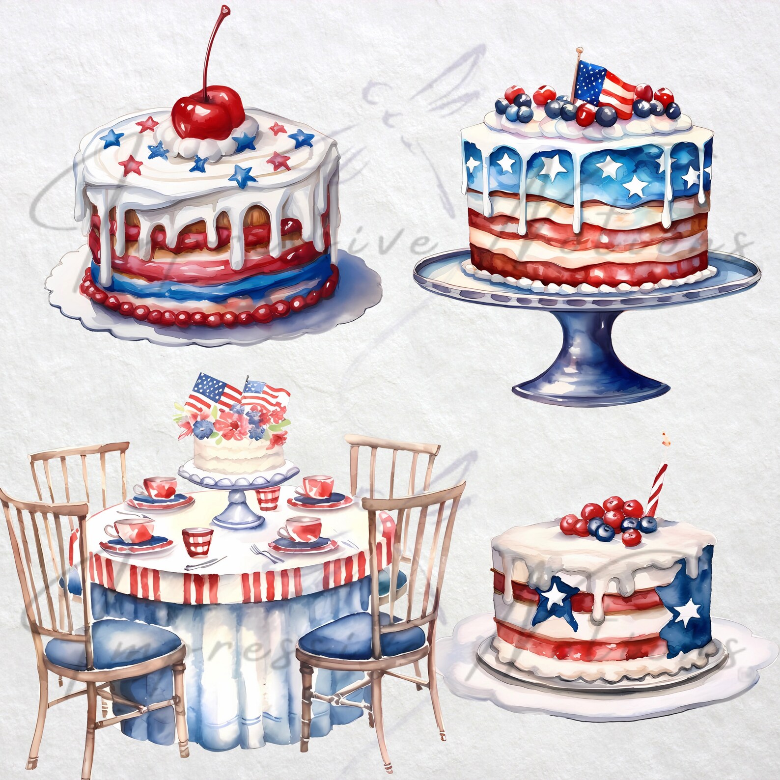 4th of July Dessert Watercolor Clip Art Images, Independence Day Party ...