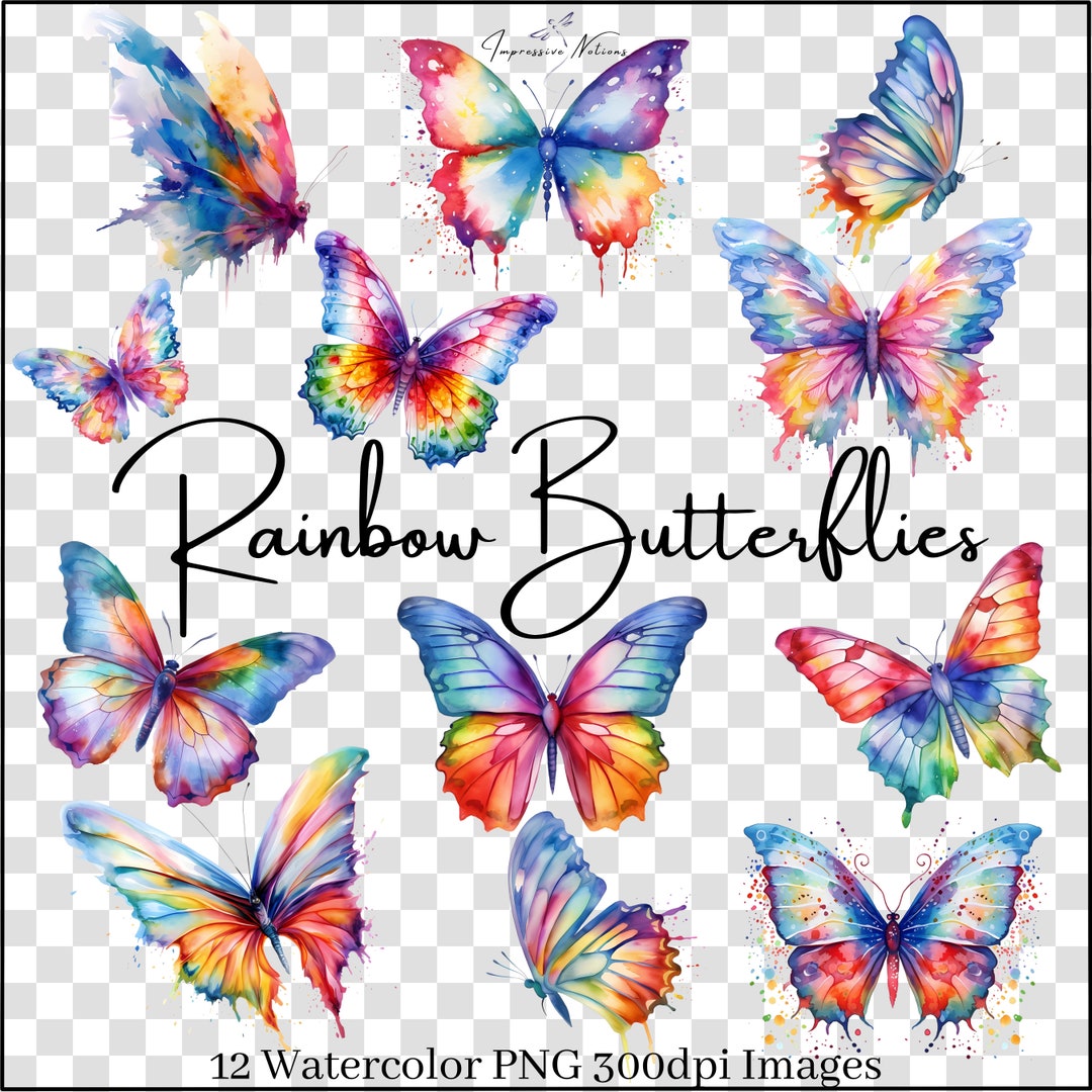 Rainbow Butterflies Watercolor Clipart Elements, Transparent Digital ...