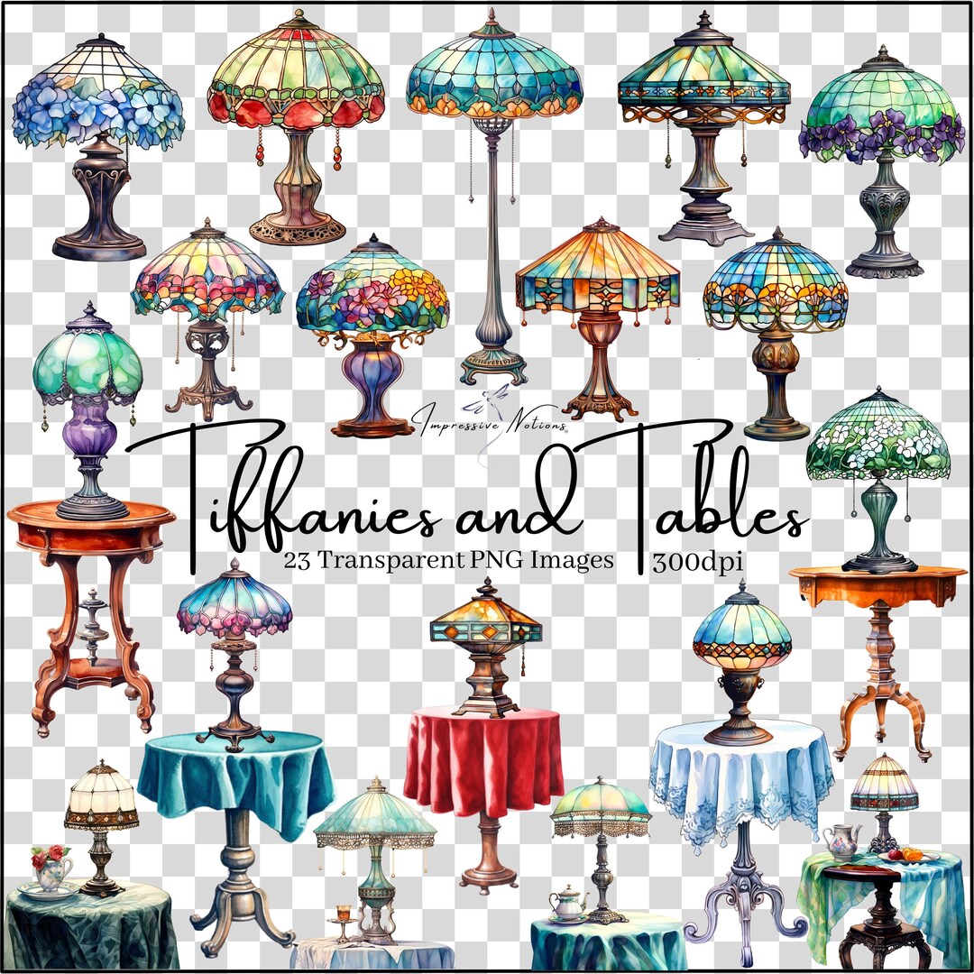 Tiffany Lamps & Tables Watercolor Clip Art Elements, Antique Stained ...
