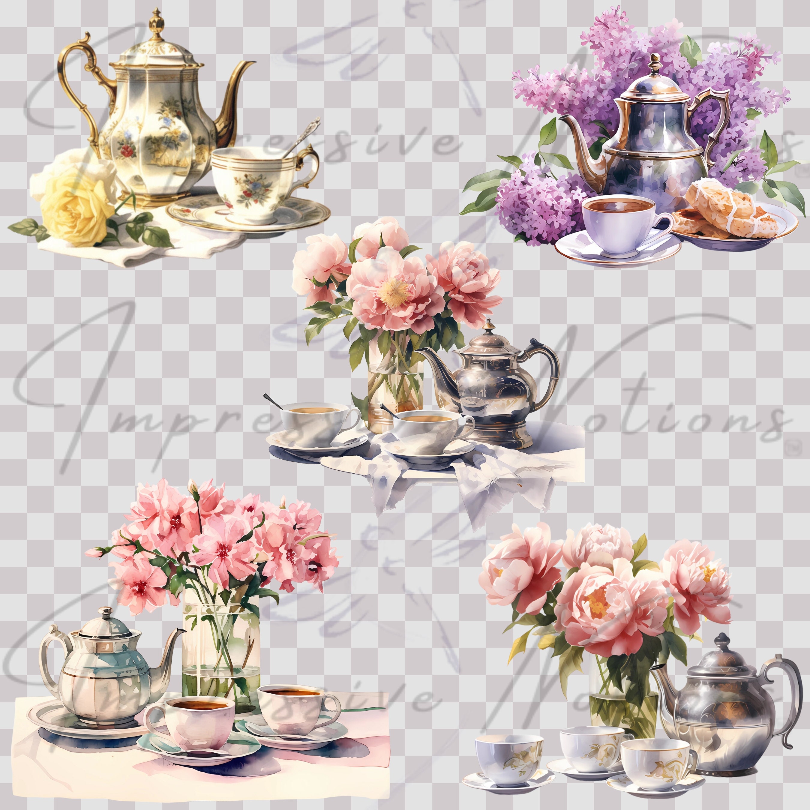 Spring Tea Service Watercolor Clipart Elements, Tea Party Settings ...