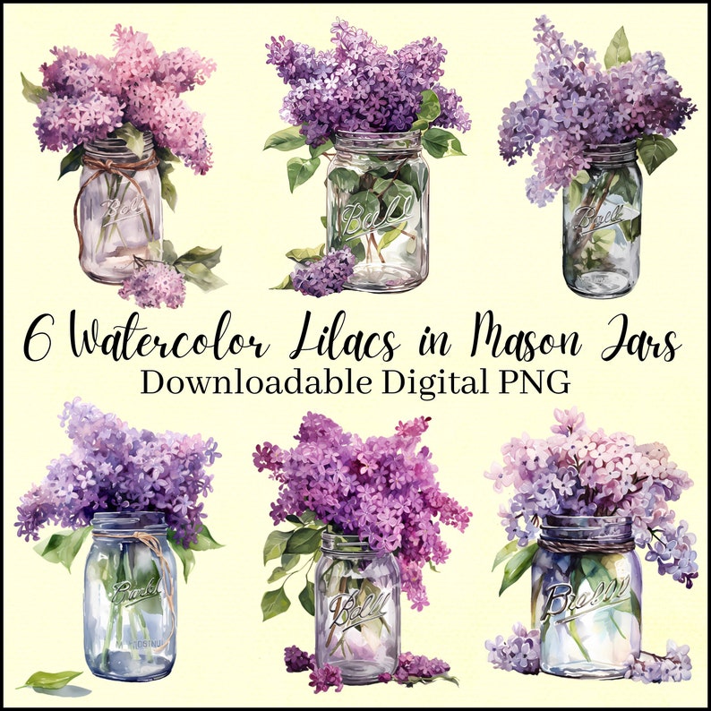 Watercolor PNG Lilacs in Mason Jar, Transparent Digital Clip Art ...