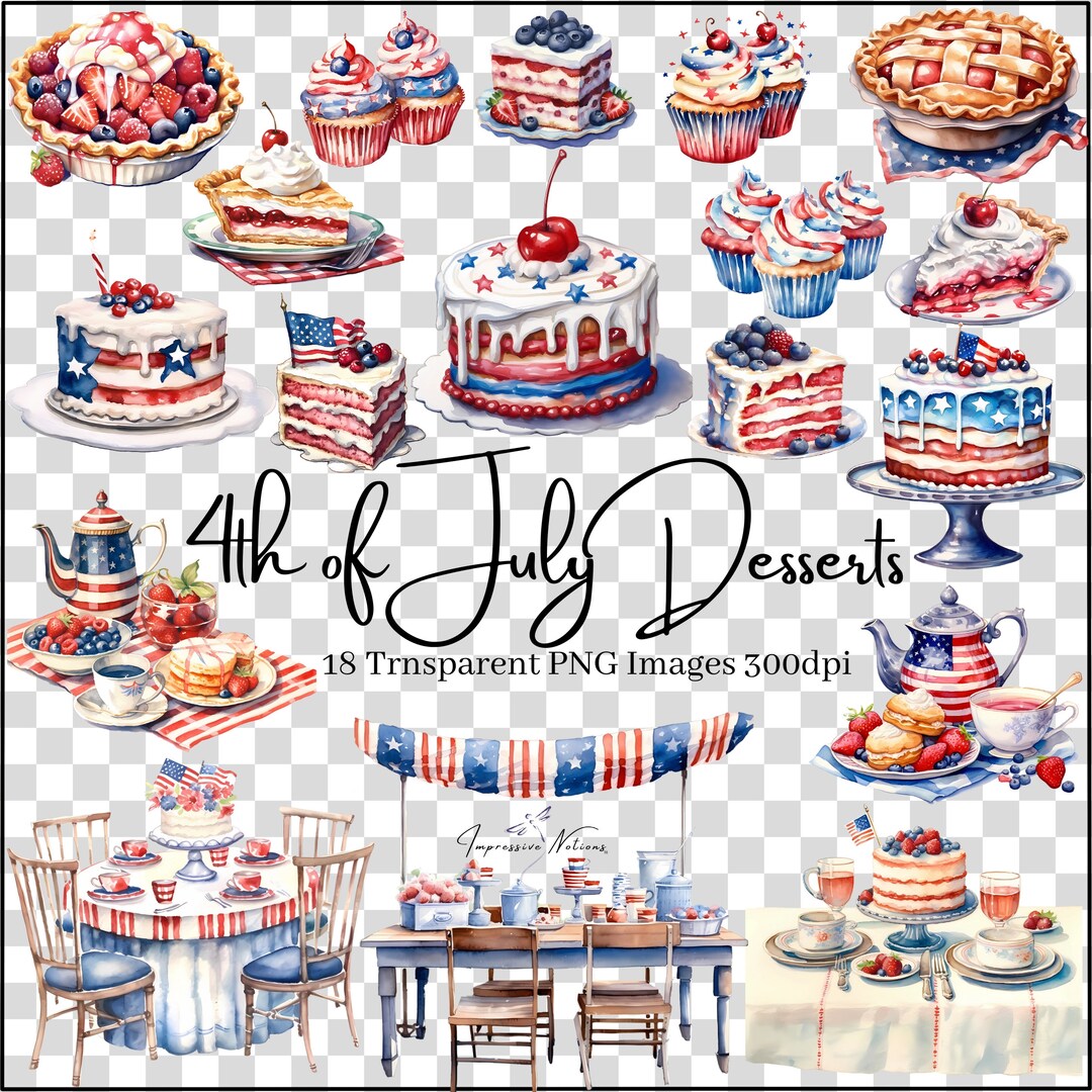 4th of July Dessert Watercolor Clip Art Images, Independence Day Party ...